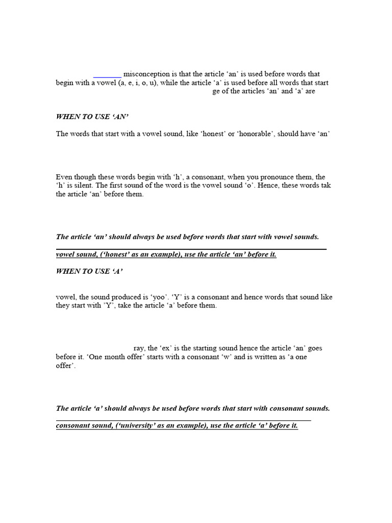 The Indefinite Article Rules Pdf Consonant Vowel