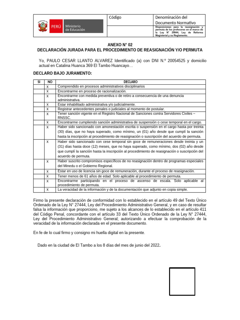 Anexo 02 Declaracion Jurada para Reasignacion | PDF | Gobierno | Justicia