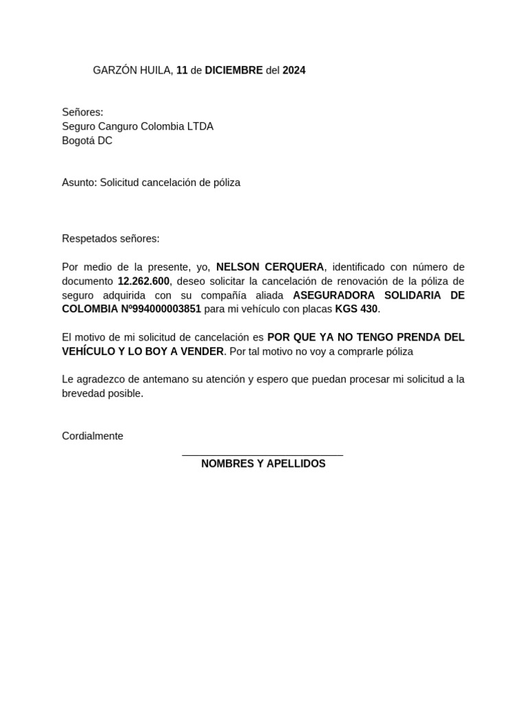 Carta Modelo Cancelación | PDF