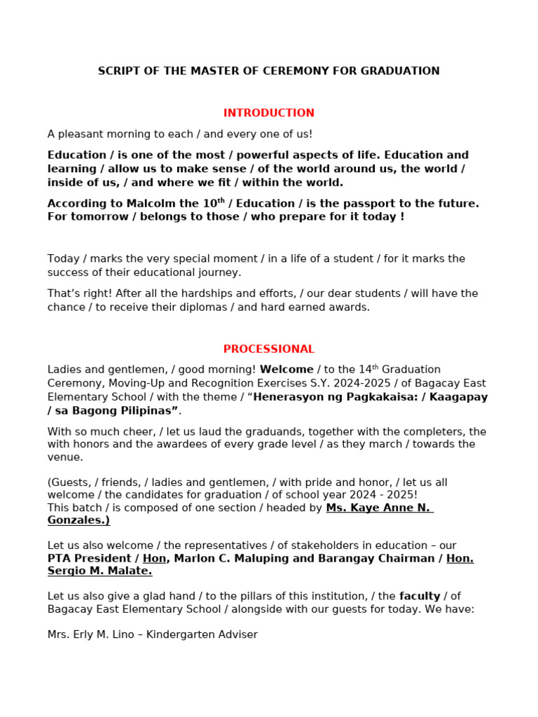 Graduation Ceremony Script 2024-2025 | PDF