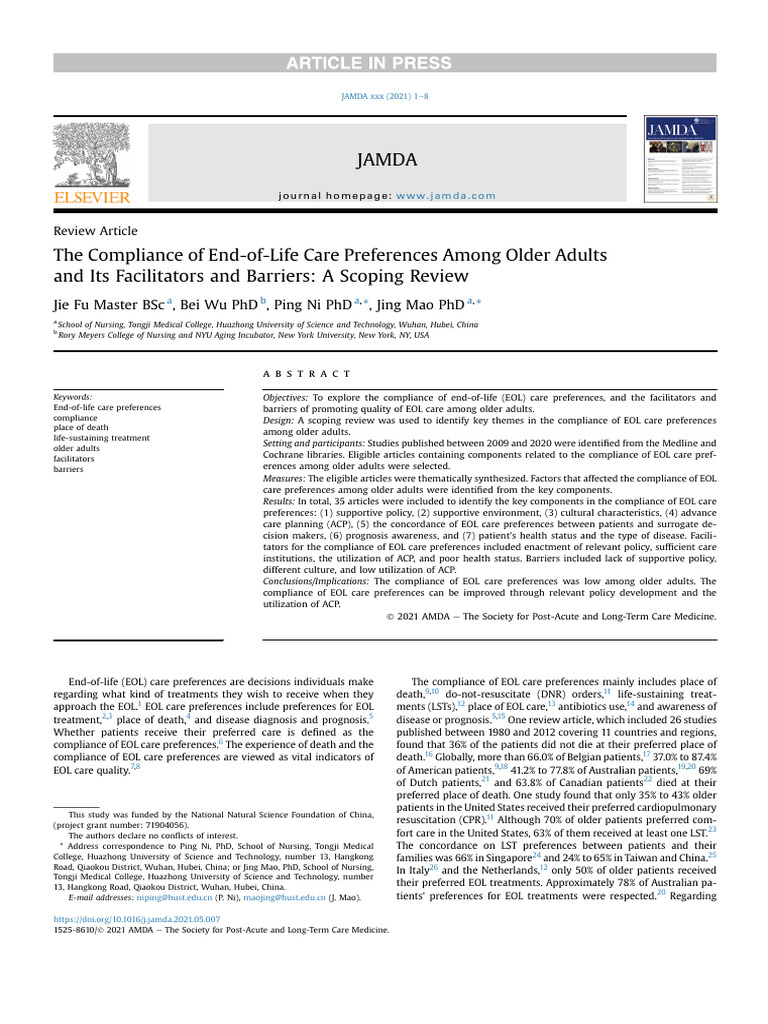 2021 The Compliance of End-of-Life Care Preferences Among Older Adults ...
