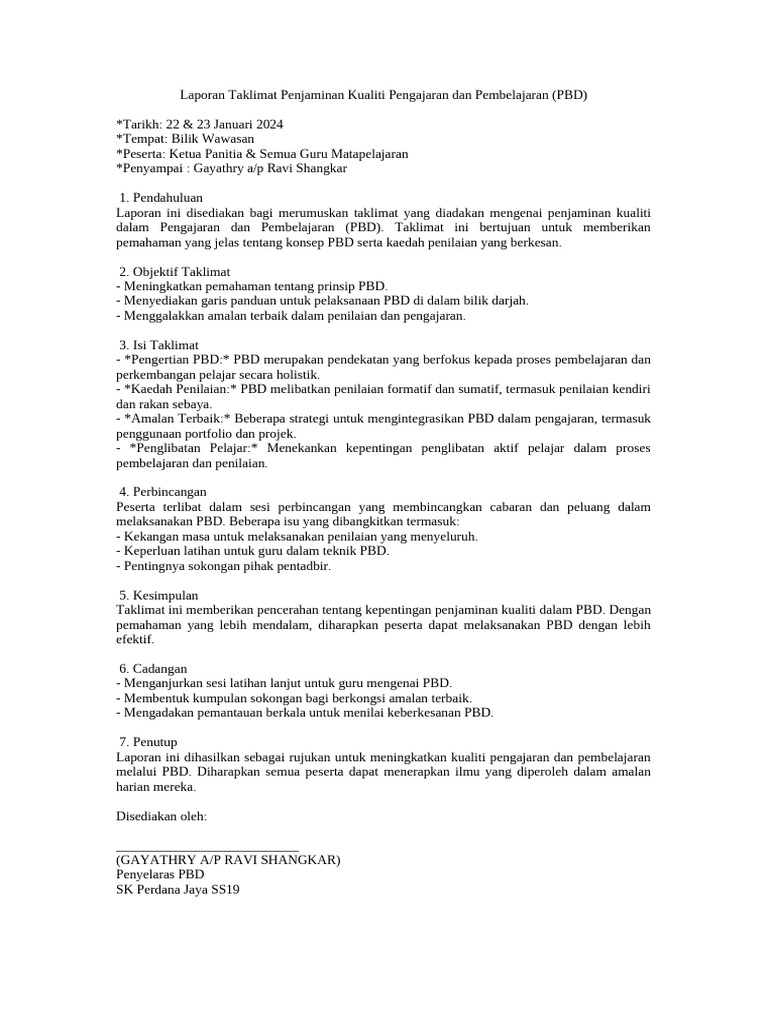 Laporan Taklimat Penjaminan Kualiti PBD 2024 | PDF