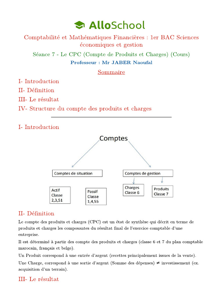 Seance 7 Le CPC Compte de Produits Et Charges Cours | PDF