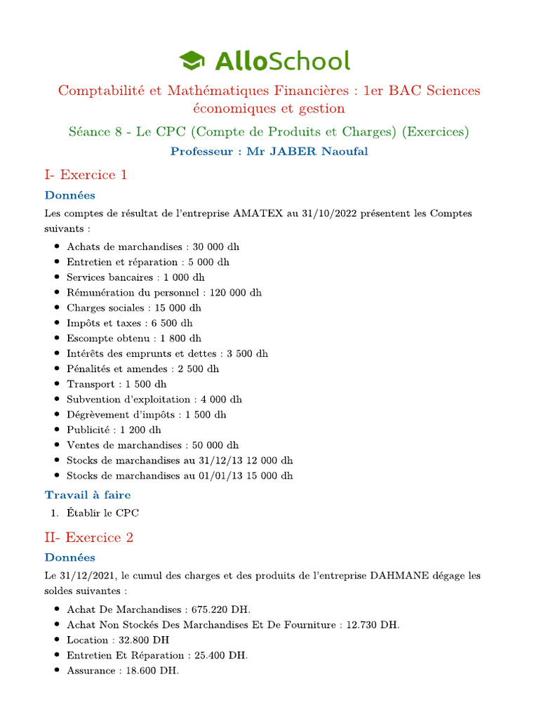 Seance 8 Le CPC Compte de Produits Et Charges Exercices | PDF