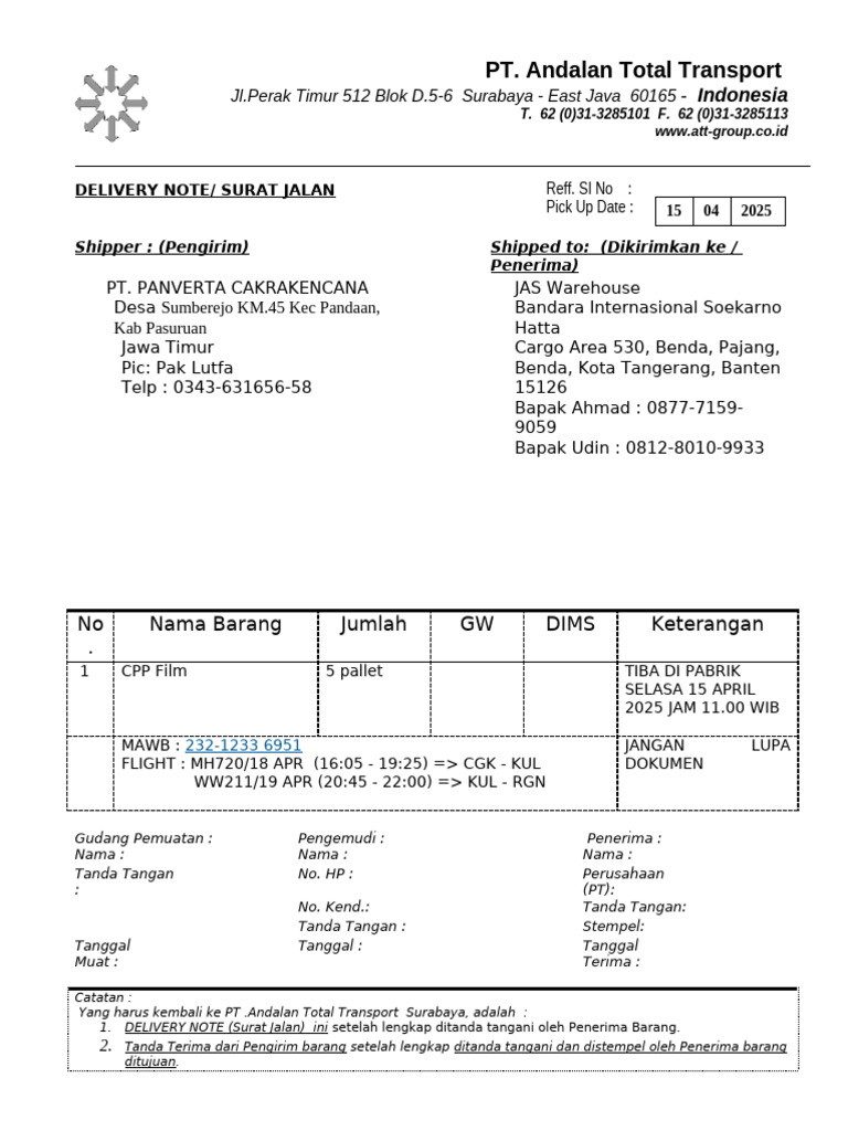 Surat Jalan Panverta CGK | PDF