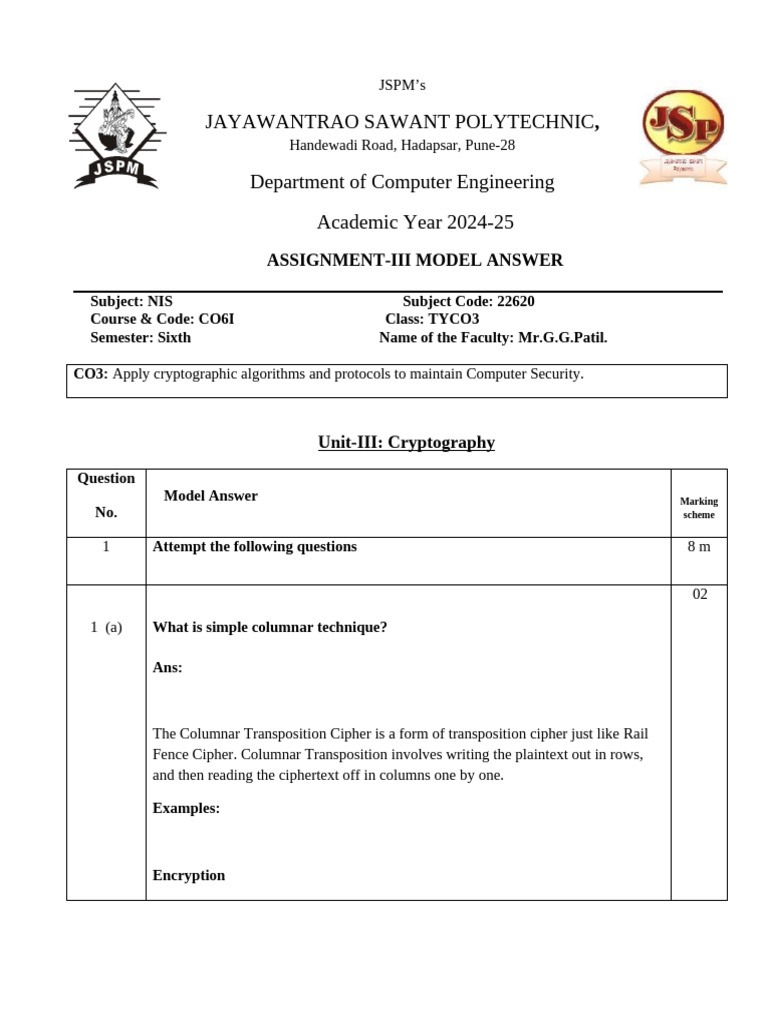 17. Assignment Model Answer Unit 3 | PDF | Encryption | Key (Cryptography)