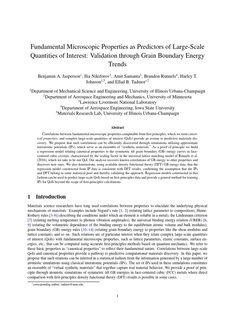 Fundamental Microscopic Properties as Predictors of Large Scale Quantities of Interest ...