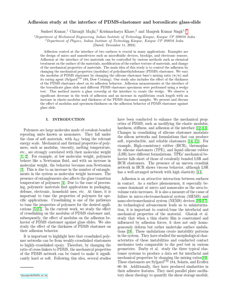 Adhesion Study at The Interface of PDMS-elastomer and Borosilicate ...
