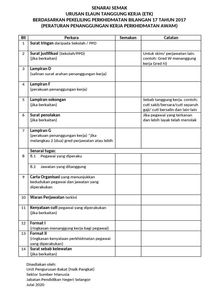 Senarai Semak Urusan Elaun Tanggung Kerja (Etk) Kemaskini 14 Julai (1) | PDF