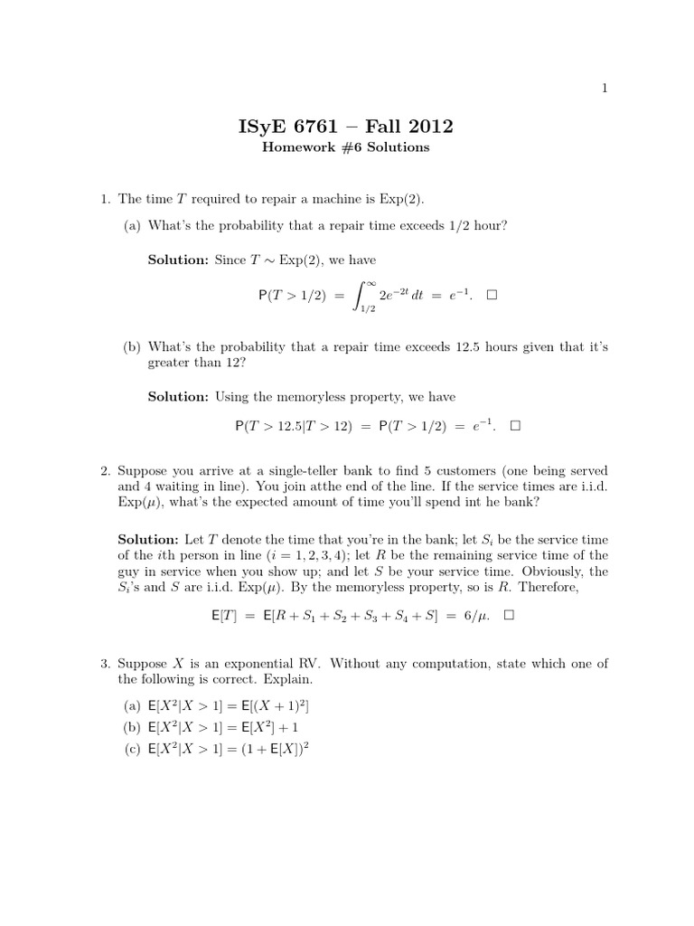 httpswww2 Isye Gatech Edu Smancourses6761hw6f12solns PDF | PDF | Exponential Function | Measure ...