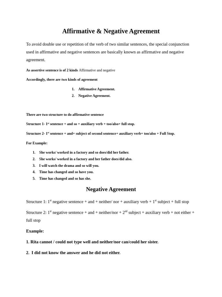 Affirmative and Negative Agreement Word File | PDF