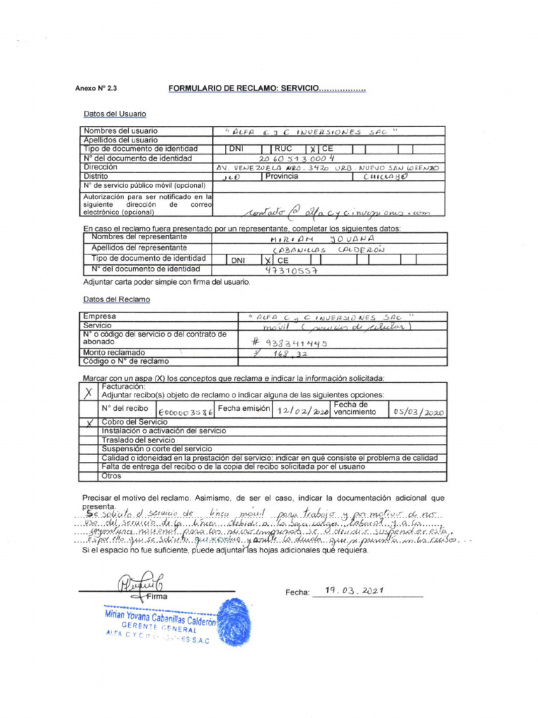 Formulario de Reclamo - Servicio Movil | PDF