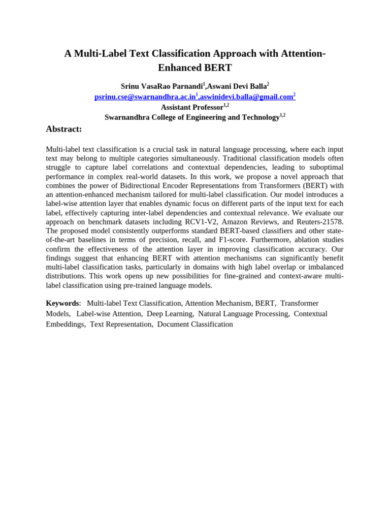 A Multi-Label Text Classification Approach with Attention-Enhanced BERT | PDF