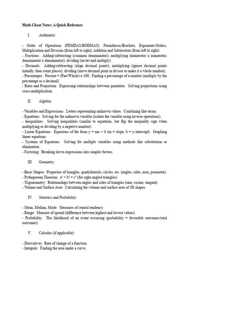 Math Cheat Notes A Quick Reference | PDF