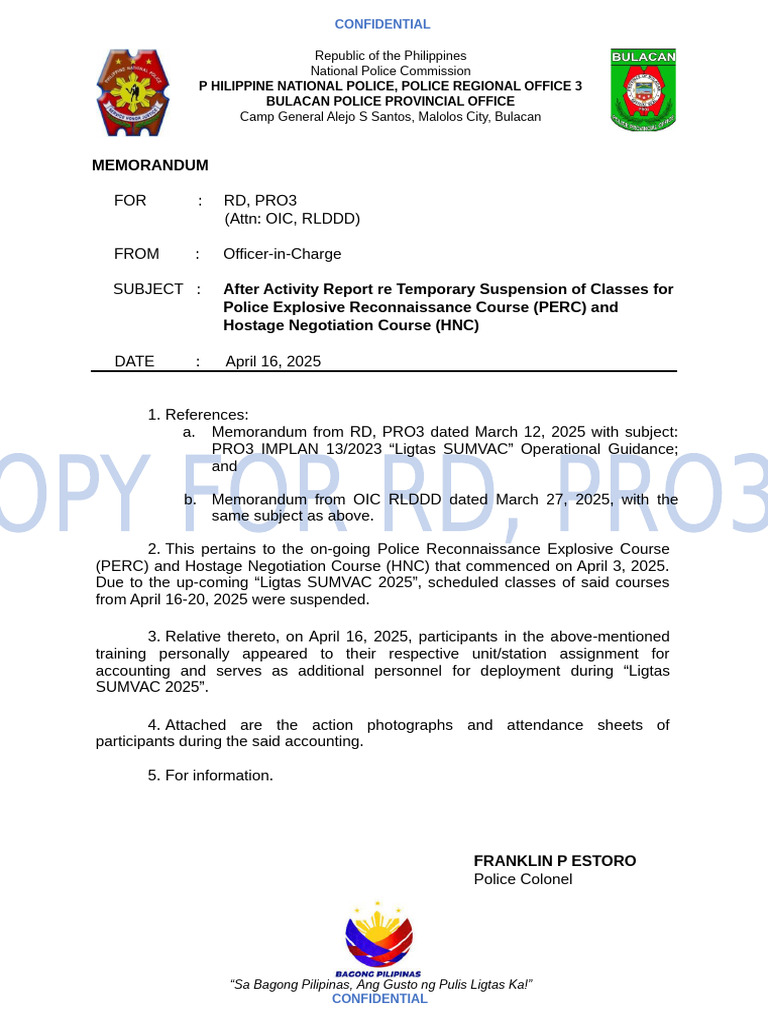 After Activity Report Re Temporary Suspension of Classes For Police ...