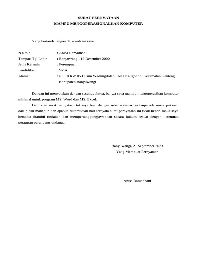 SURAT PERNYATAAN SKILL KOMPUTER | PDF