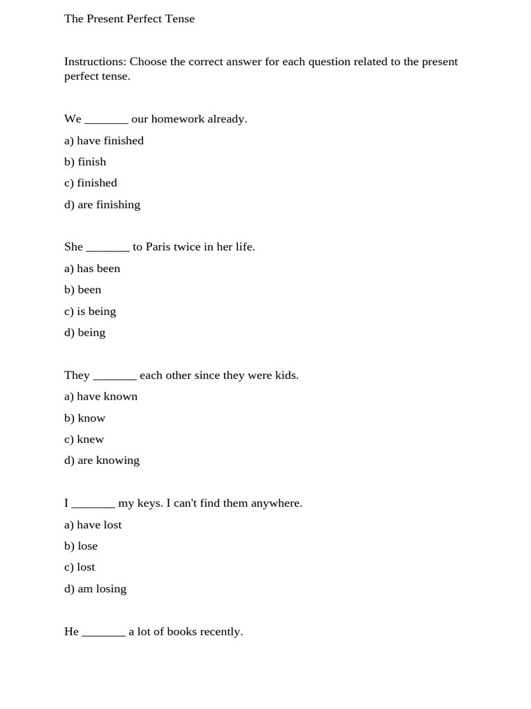 Present Perfect Tense Quiz | PDF