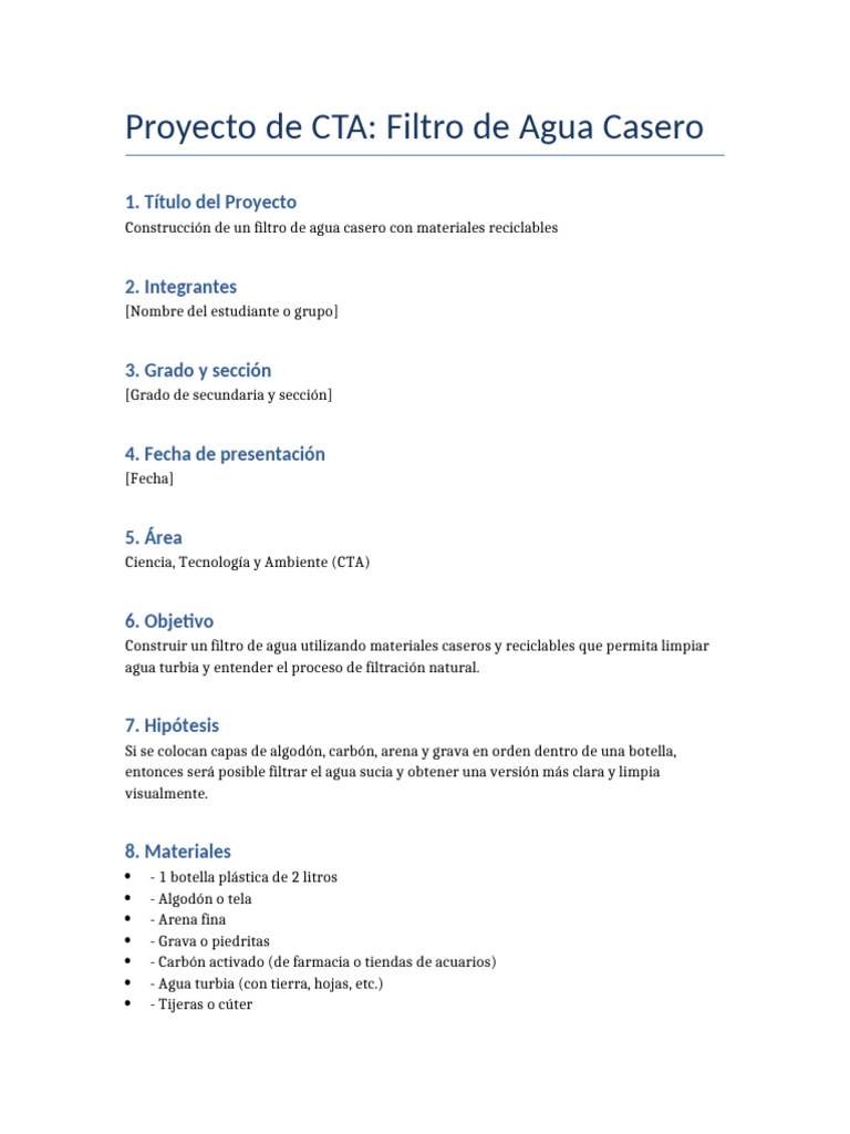 Proyecto CTA Filtro de Agua Casero | PDF