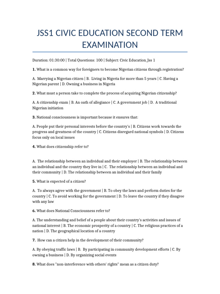 JSS1_CIVIC_EDUCATION_SECOND_TERM_EXAMINATION | PDF | Naturalization ...