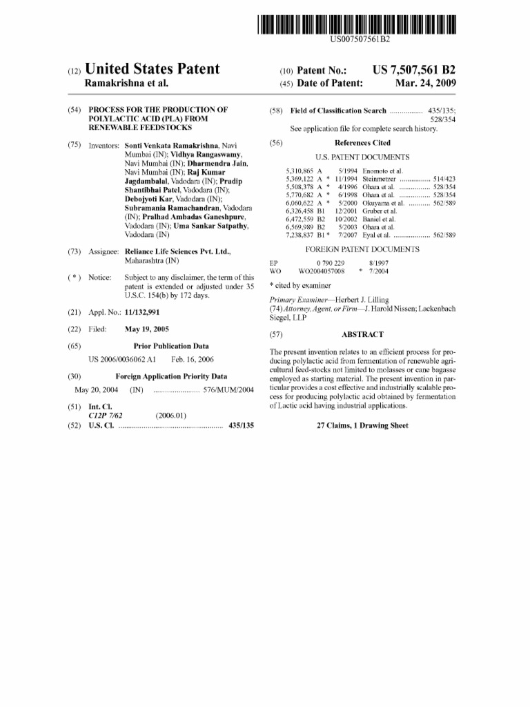 2005-US7507561-Process For The Production of Polylactic Acid (PLA) From ...