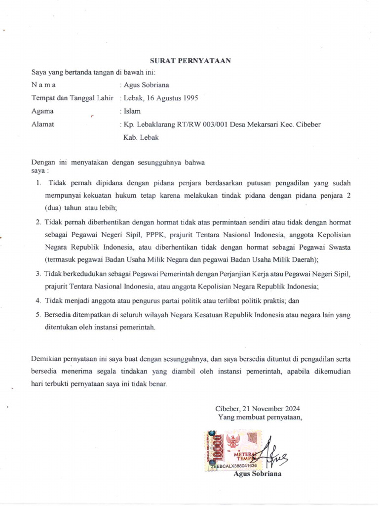 Surat Pernyataan 1 | PDF