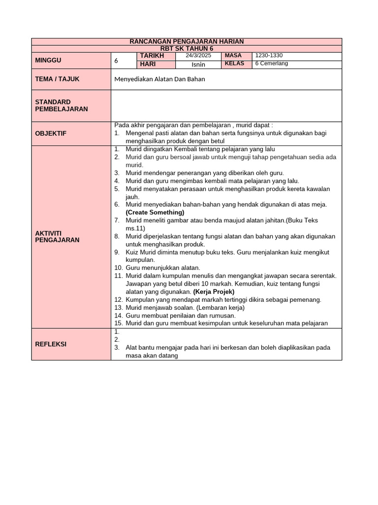 Minggu 6 - RPH RBT Tahun 6 | PDF