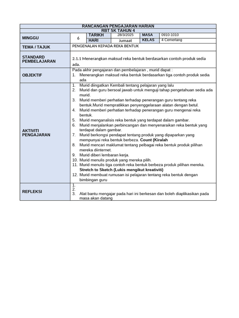 MINGGU 6 - RPH RBT TAHUN 4 | PDF