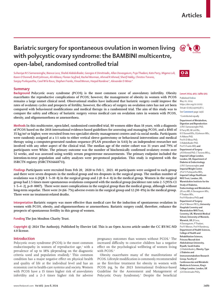 Bariatric Surgery For Spontaneous Ovulation in Wom | PDF | Polycystic Ovary Syndrome | Medical ...