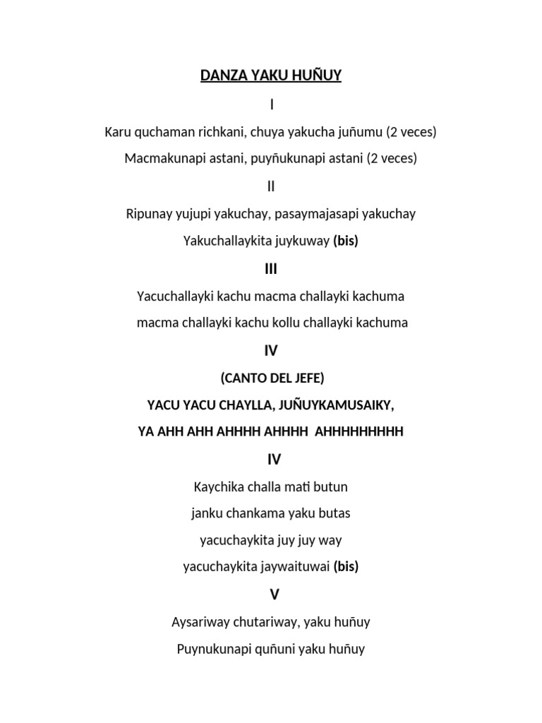 Letra de La Danza Yaku Huñuy | PDF