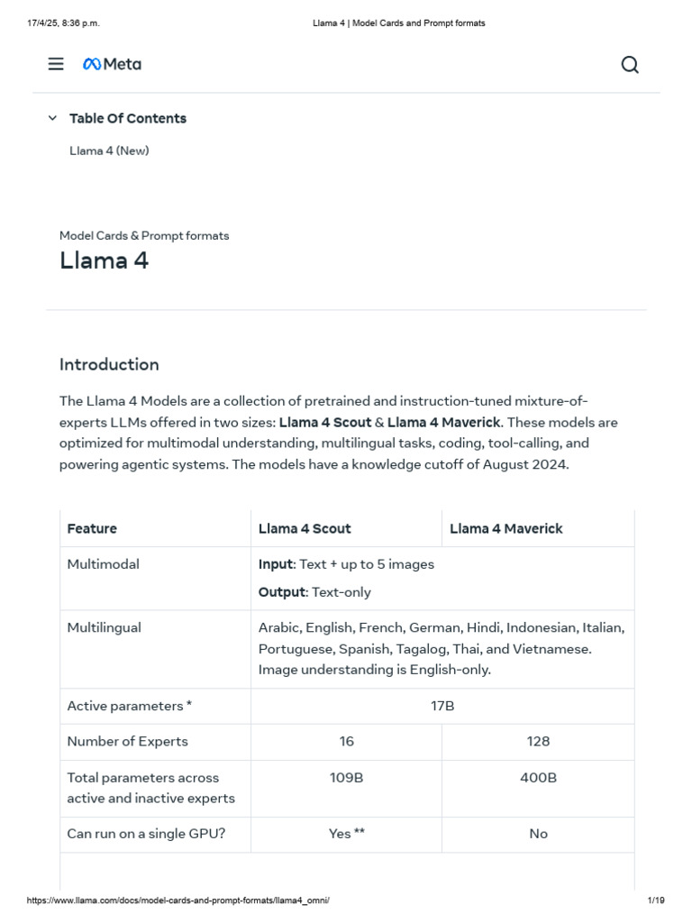 Llama 4 Model Cards & Prompt Formats | PDF | Parameter (Computer ...