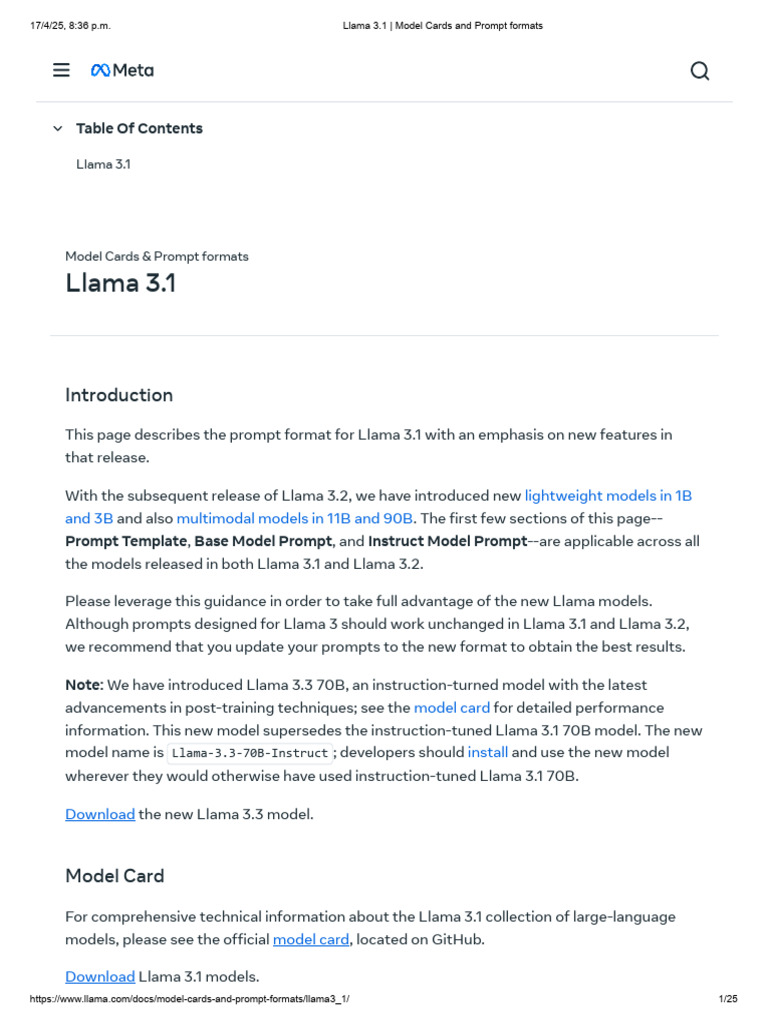 Llama 3.1 Model Cards & Prompt Formats | PDF | Parameter (Computer Programming) | Computing