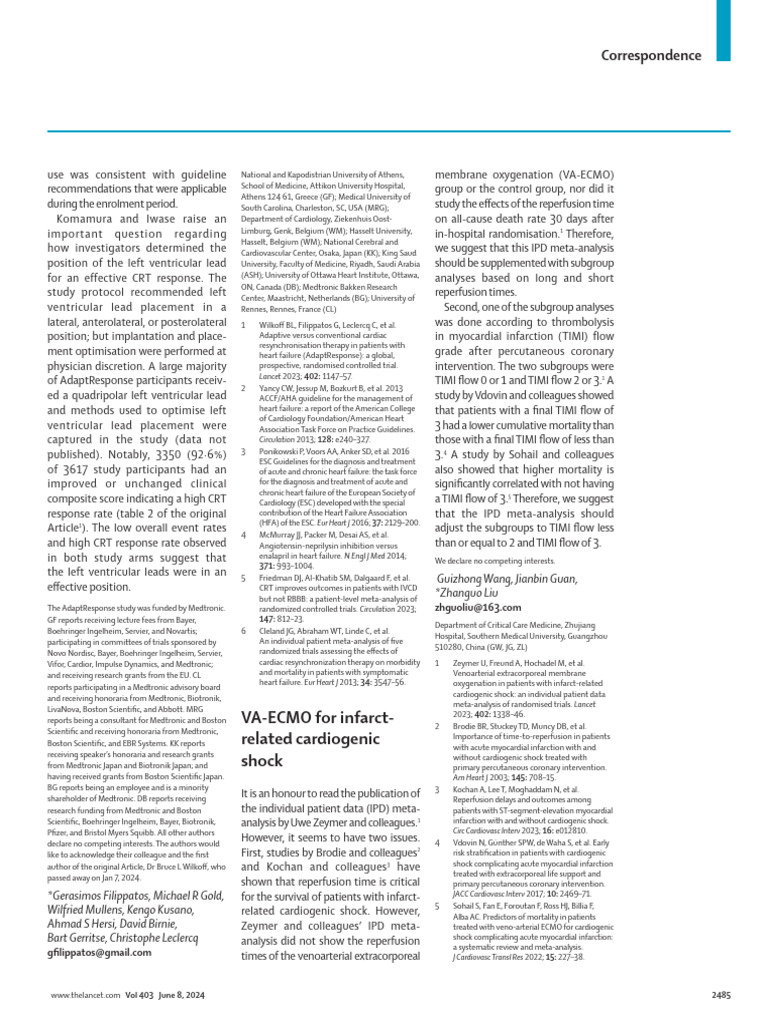 VA ECMO For Infarct Related Cardiogenic Shock - Lanc - 12 | PDF | Heart Failure | Cardiology