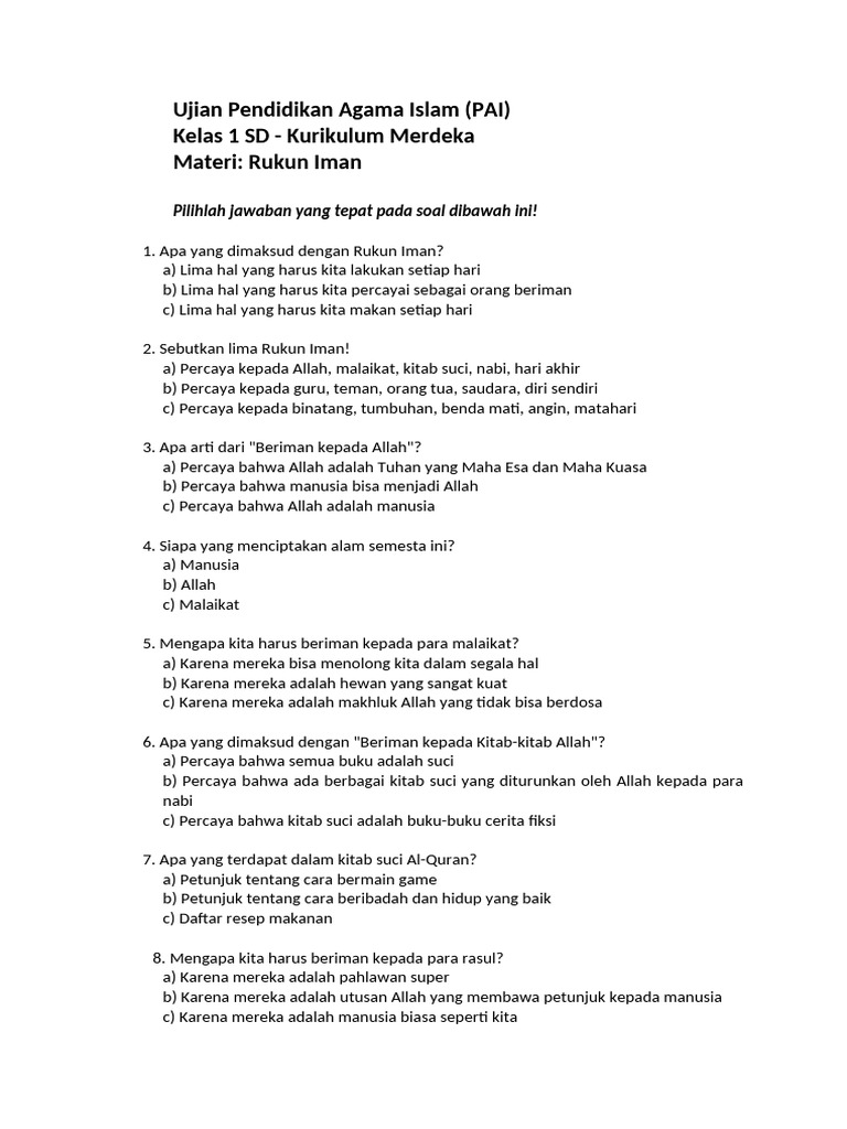 Soal Kelas 1 Kumer Bab Rukun Iman | PDF