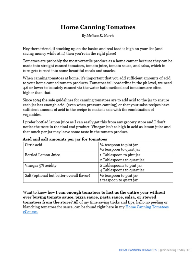 Tomato Canning Acid Chart | PDF