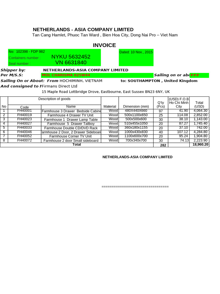 15.11.10 Firmans INVOICE-PACKING (PO 50-102398) | PDF | Politics Of ...