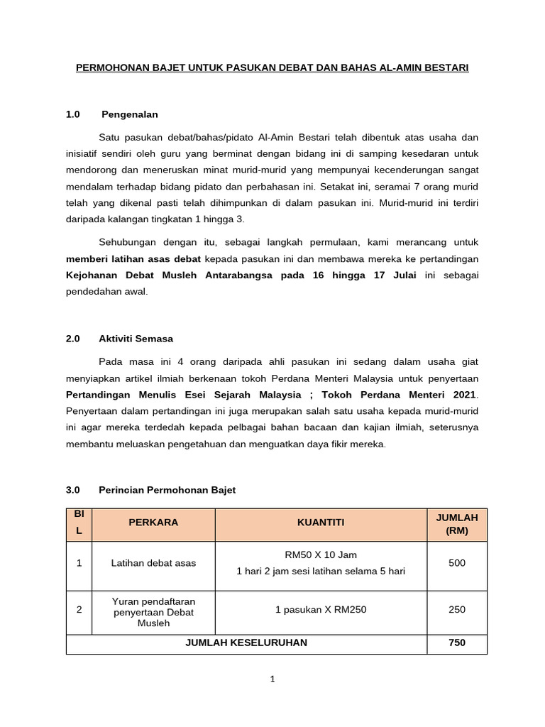 Permohonan Bajet Untuk Pasukan Debat Dan Bahas Al | PDF