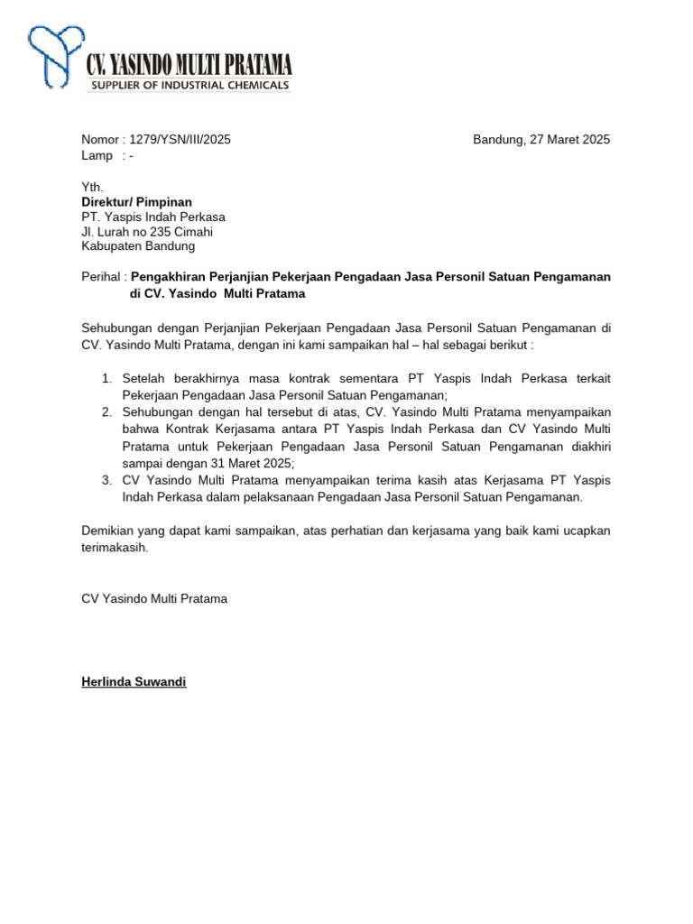 Pengakhiran Kerjasama Yasindo dan Yaspis | PDF