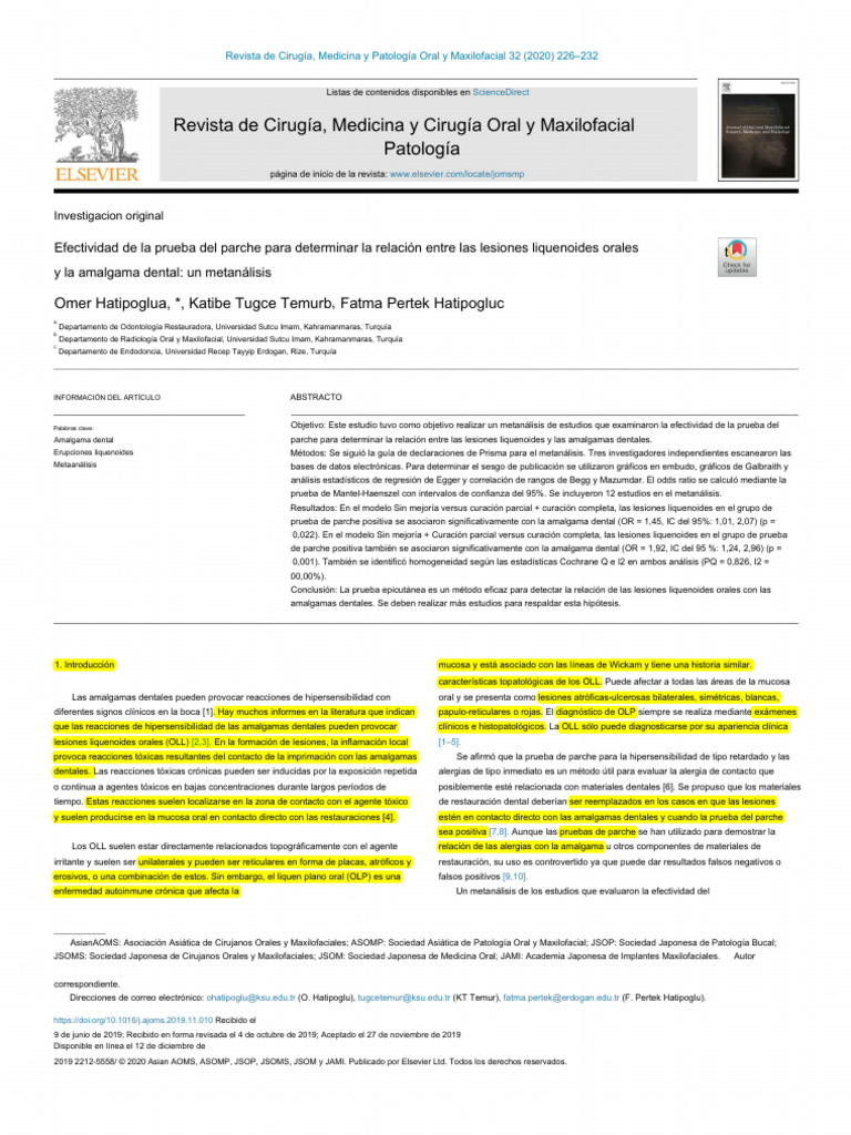 Lichenoid Lesions and Dental Amalgam Trad | PDF | Alergia | Metaanálisis
