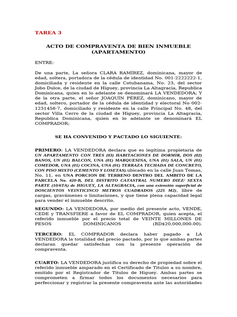 Tarea 3. Acto - Compraventa - Apartamento - Higuey - Notariado | PDF