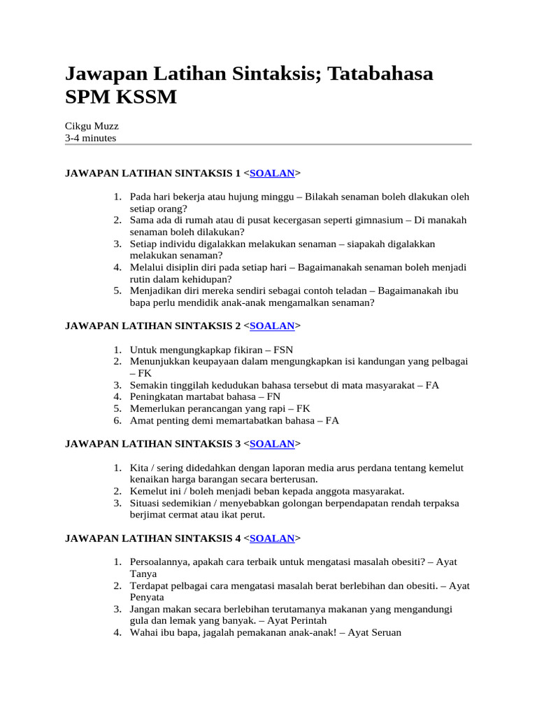 Jawapan Latihan Sintaksis SPM KSSM | PDF