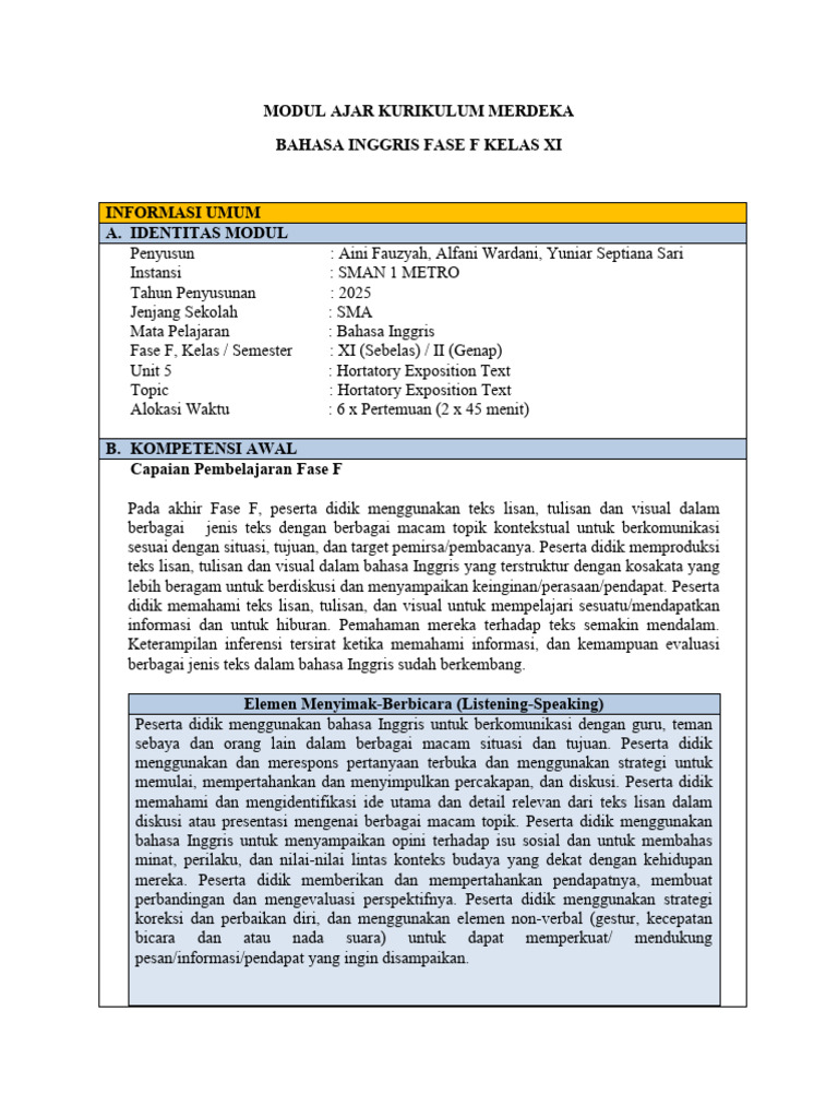 Modul Ajar Kelas XI Chapter 5 (Aini, Alfani, Yuniar - TBI C) | PDF