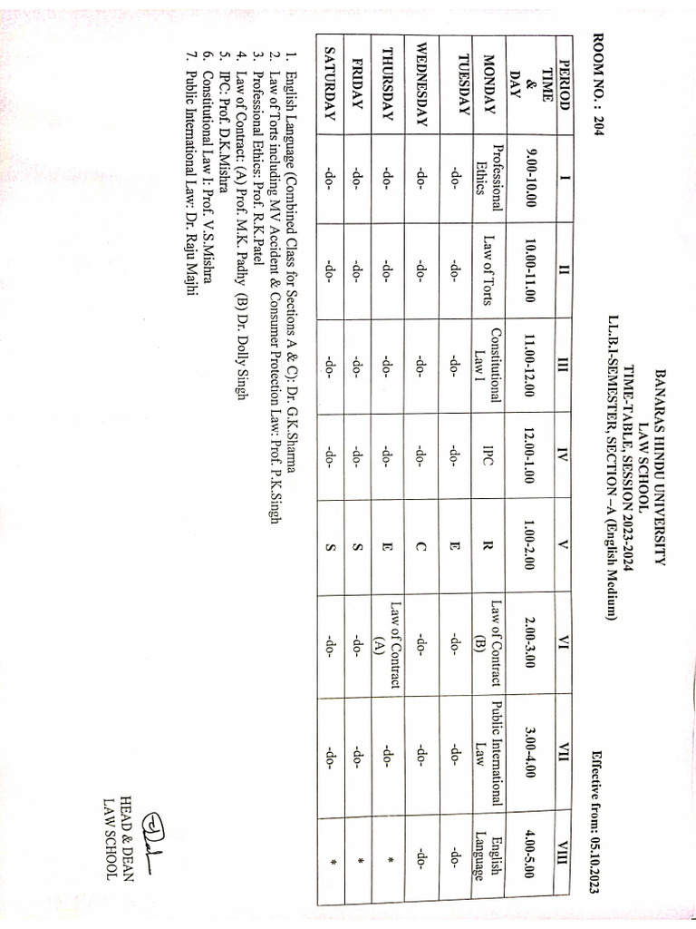 LLB 1 Sem Class Time Table | PDF