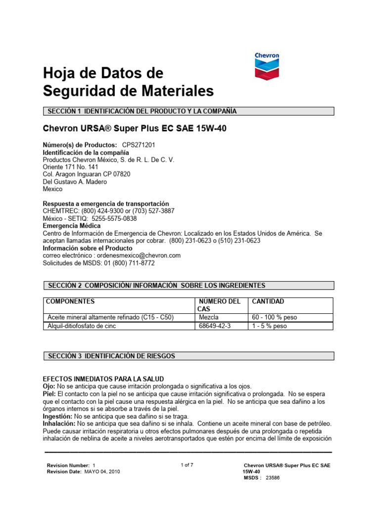 Hoja de Seguridad Chevron URSA 15W-40 | PDF | Toxicidad | Solubilidad