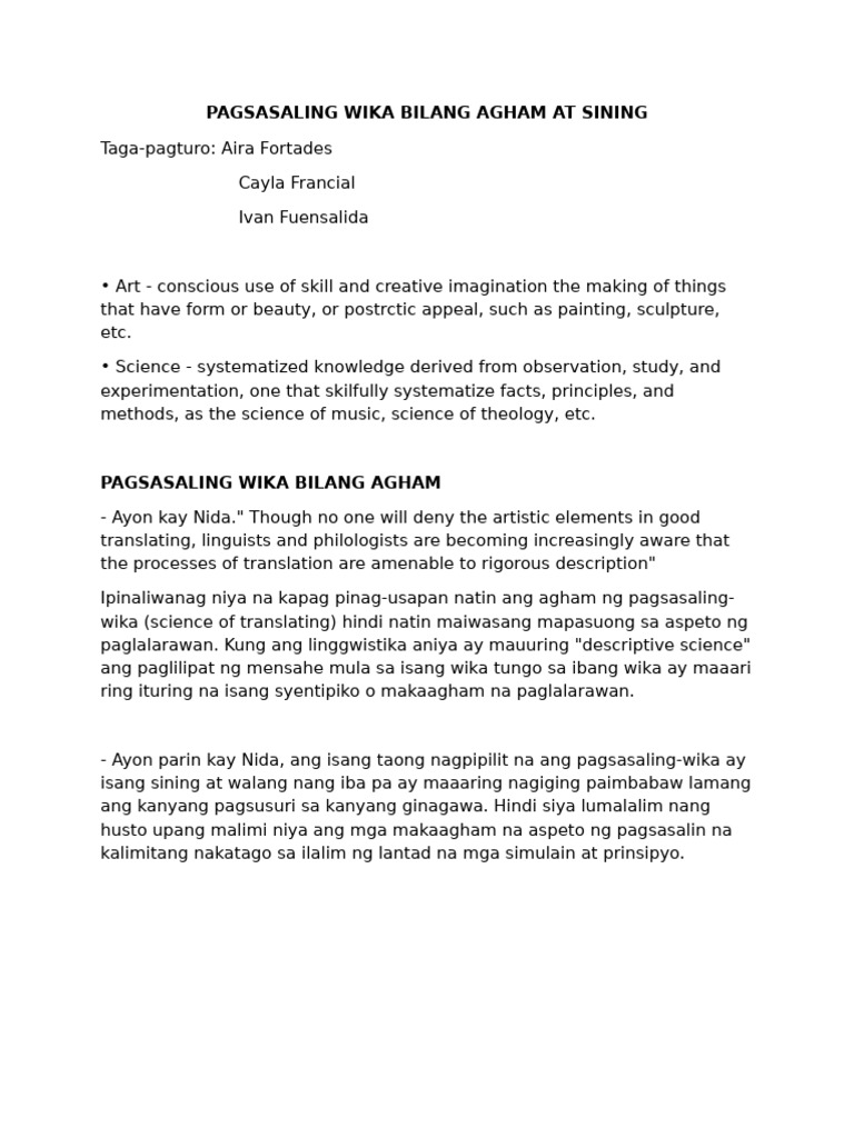 Pagsasaling Wika Bilabg Agham o Sining | PDF