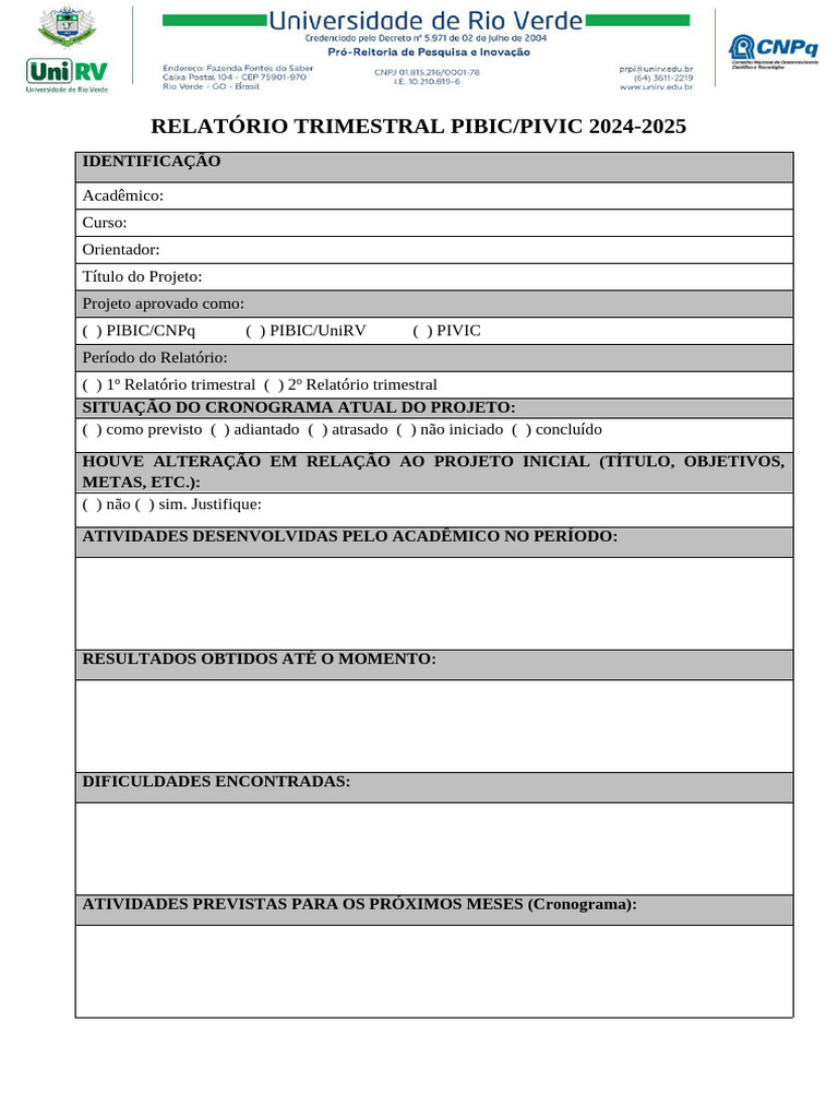 Modelo de Relatório Trimestral PIBIC - PIVIC - 2024-2025 | PDF