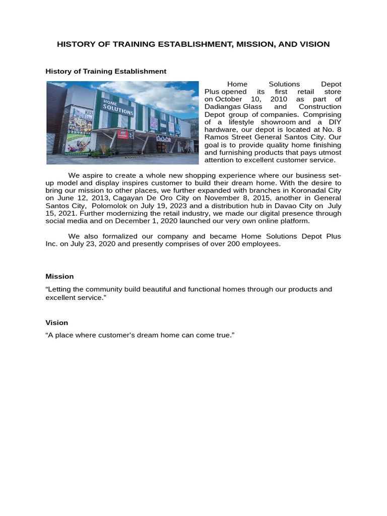 History of Training Establishment Homesol | PDF