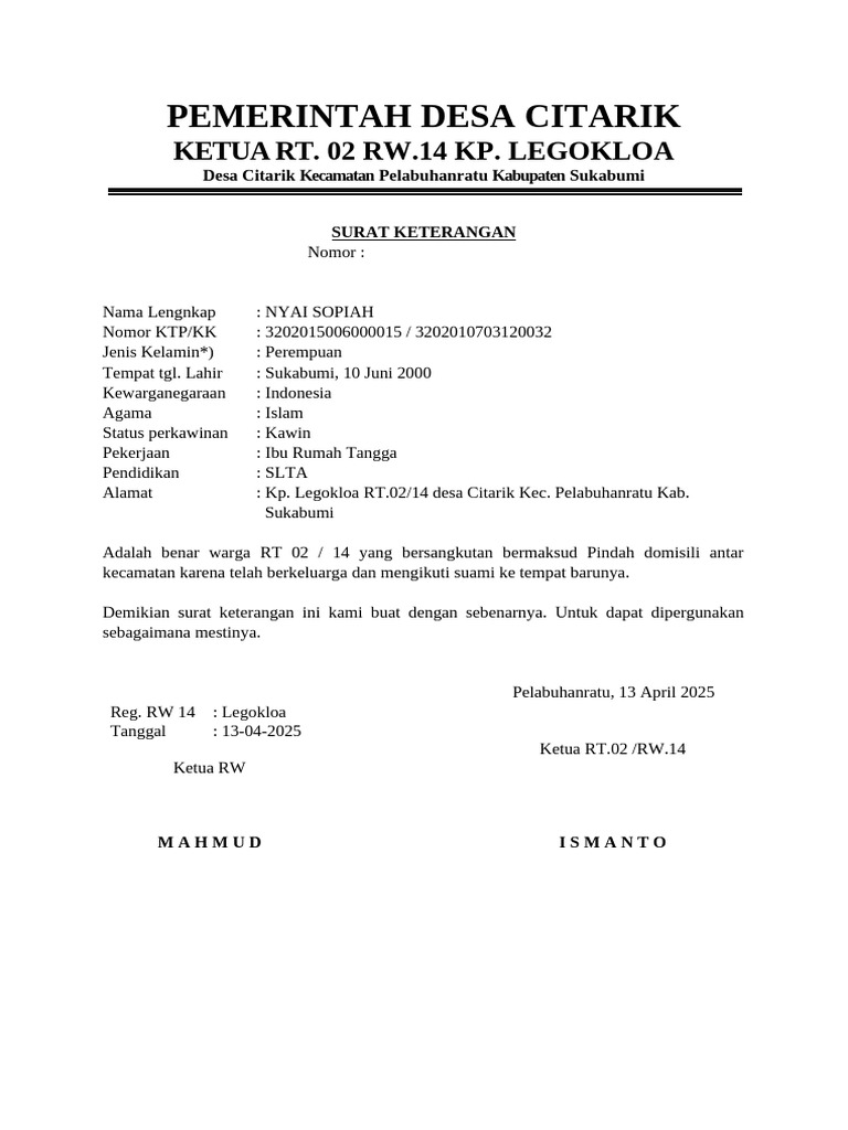Surat Keterangan RT Untuk Warganya Yang Ingin Pindah Domisili | PDF