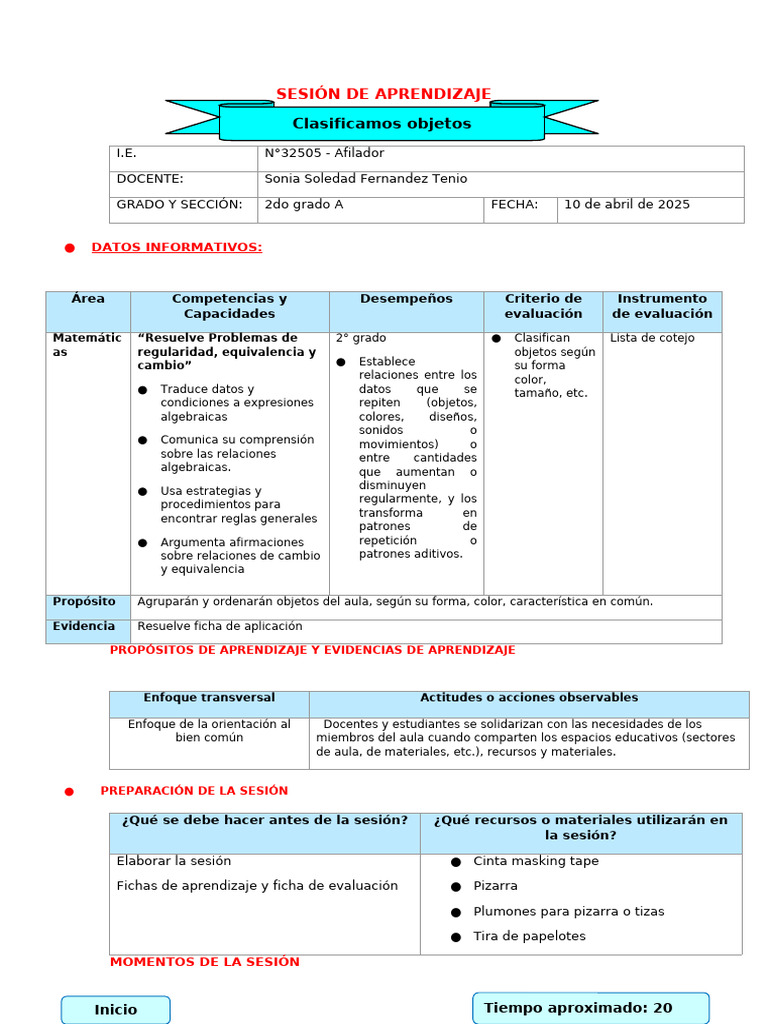U1 Sesion D2 Mat Clasificamos Objetos | PDF | Aprendizaje | Salón de clases