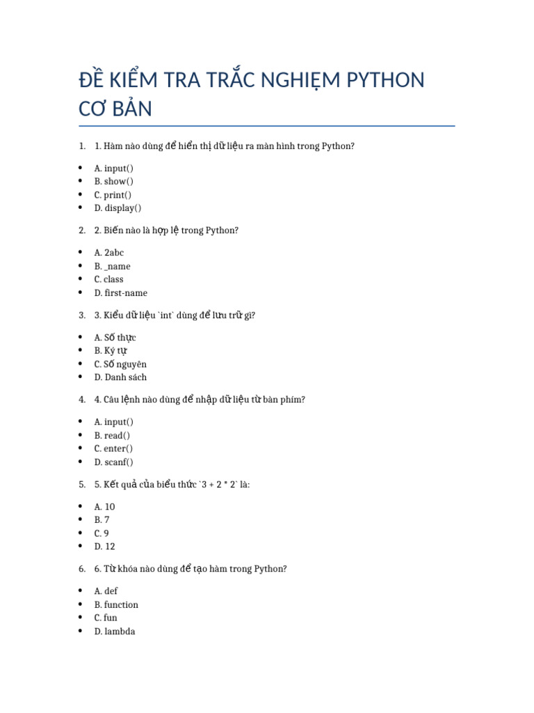 De Trac Nghiem Python | PDF