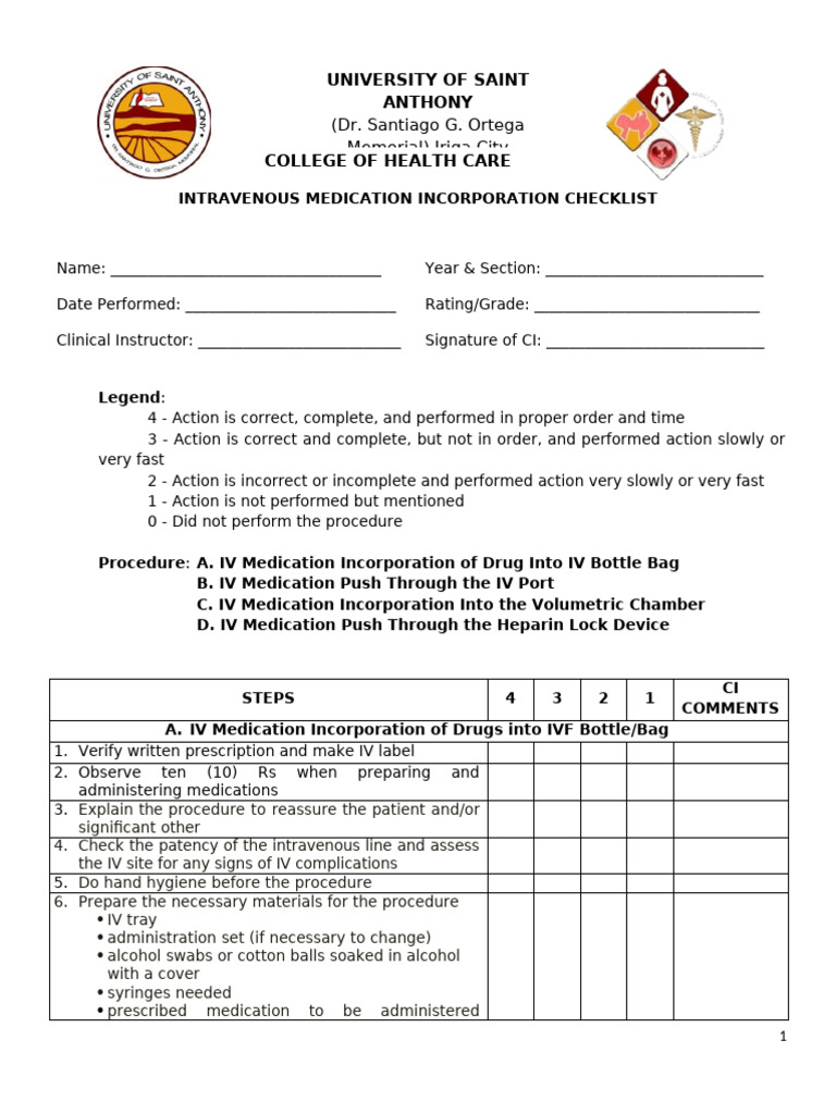 Administration of Intravenous Medication Checklist | PDF | Intravenous ...